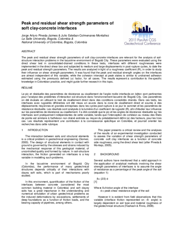 (PDF) Peak and residual shear strength parameters of soft clay-concrete ...