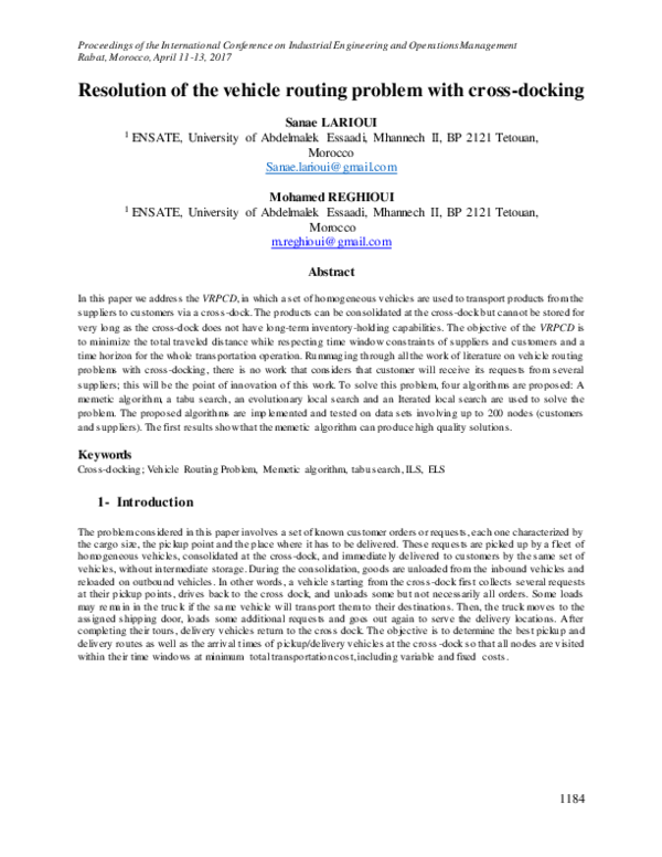 (PDF) Resolution of the vehicle routing problem with cross-docking