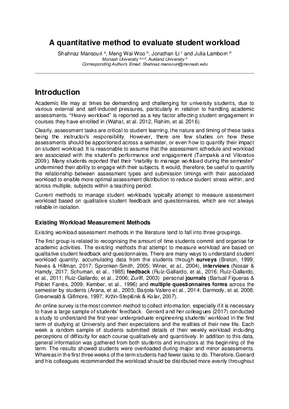 (PDF) A Quantitative Method to Evaluate Student Workload