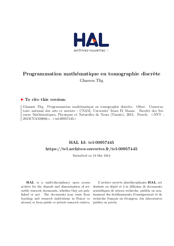 (PDF) Programmation mathématique en tomographie discrète