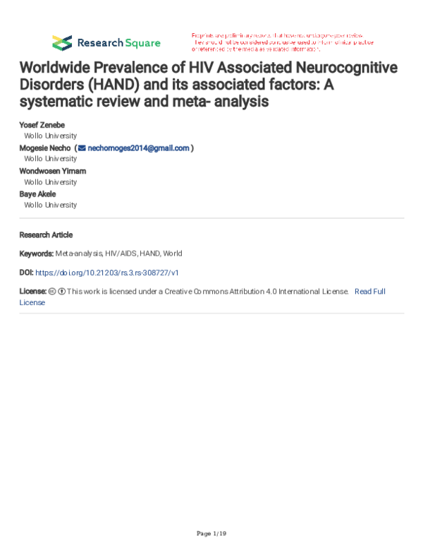 (PDF) Worldwide Prevalence of HIV Associated Neurocognitive Disorders ...