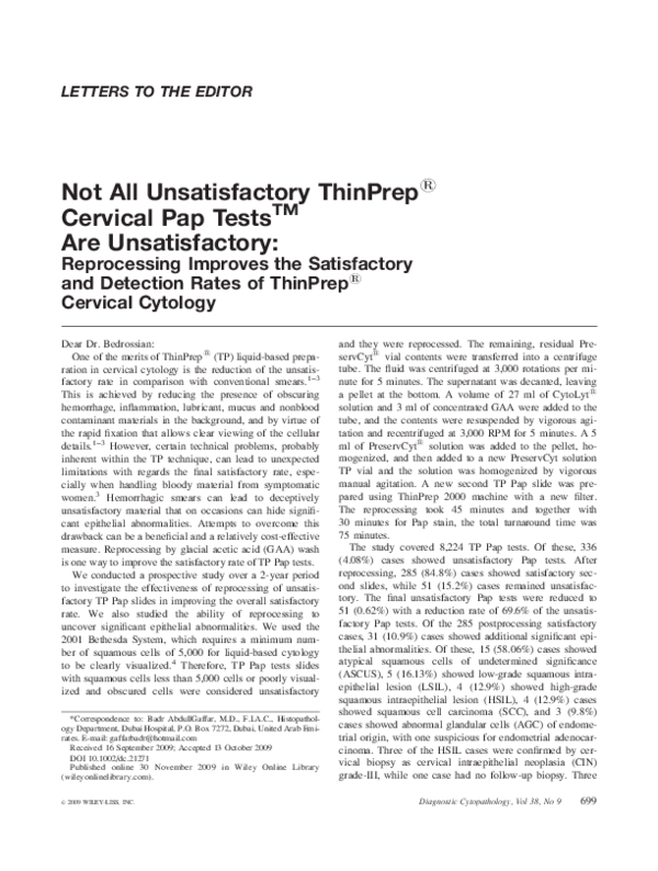 (PDF) Not all unsatisfactory ThinPrep® cervical Pap tests™ are ...