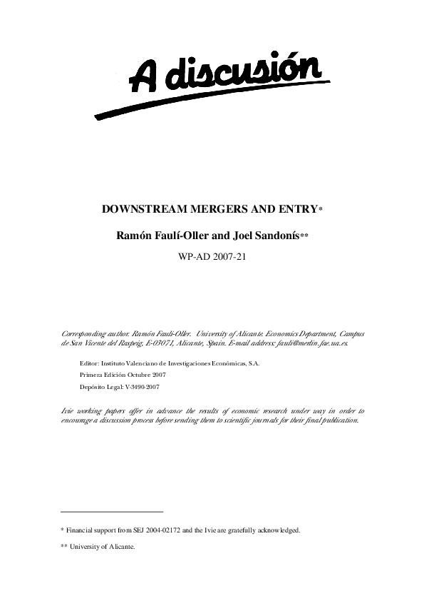 (PDF) Downstream Mergers and Entry