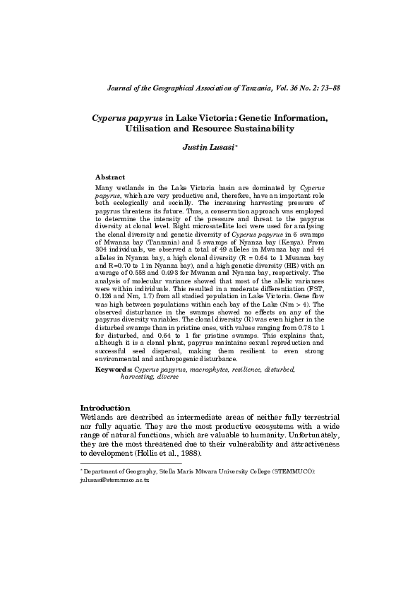 (PDF) Cyperus papyrus in Lake Victoria: Genetic Information ...
