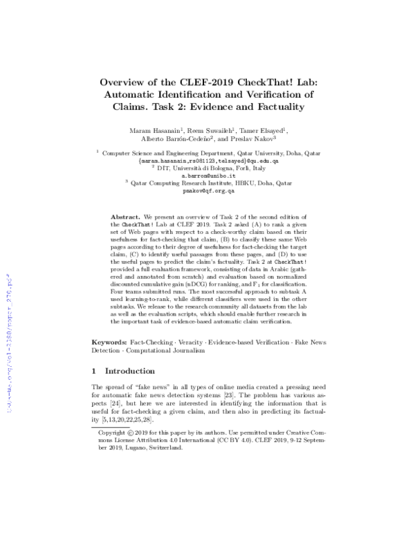 (PDF) Overview of the CLEF-2019 CheckThat! Lab: Automatic ...