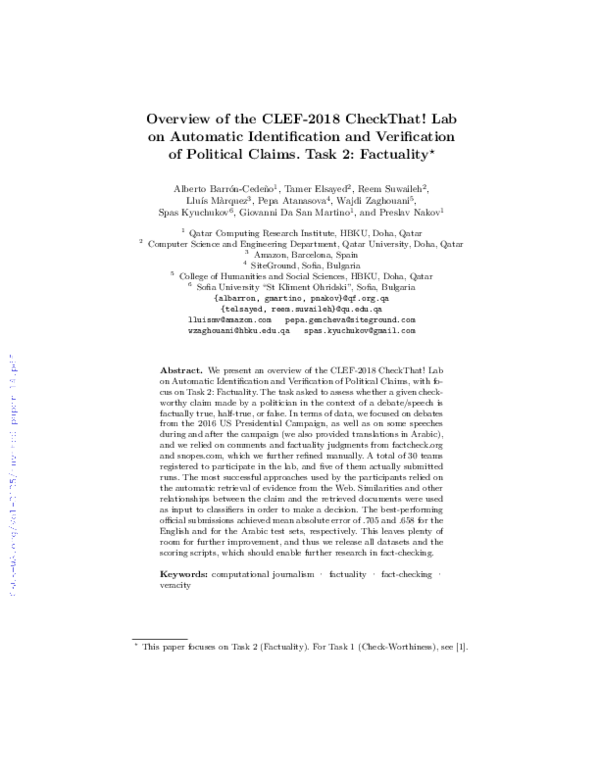 (PDF) Overview of the CLEF-2018 CheckThat! Lab on Automatic ...