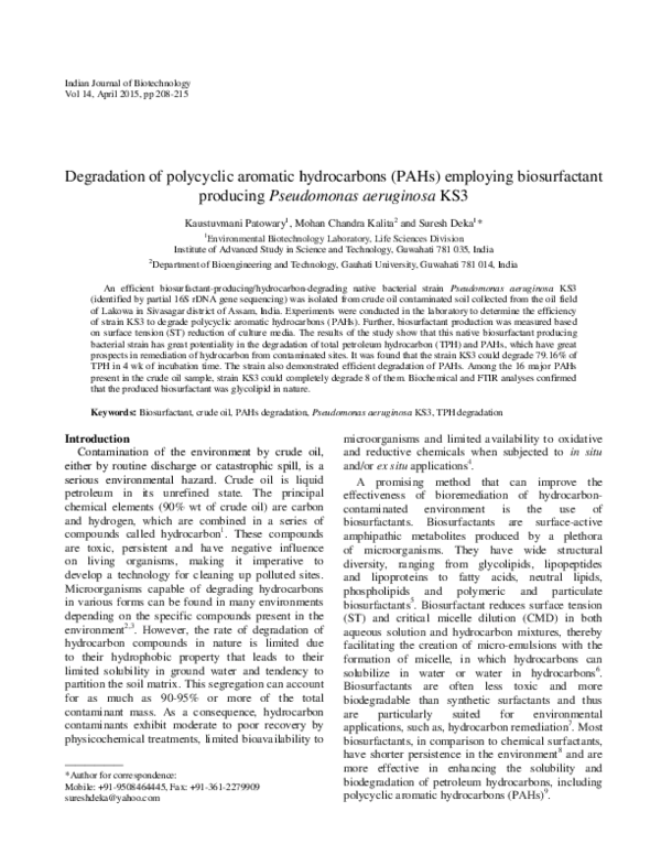 (PDF) Degradation of polycyclic aromatic hydrocarbons (PAHs) employing biosurfactant producing ...