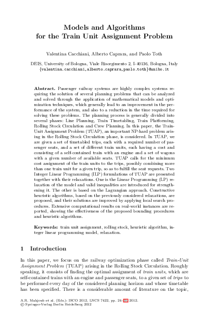 (PDF) Models and Algorithms for the Train Unit Assignment Problem