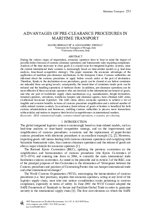 (PDF) Advantages of Pre-Clearance Procedures in Maritime Transport