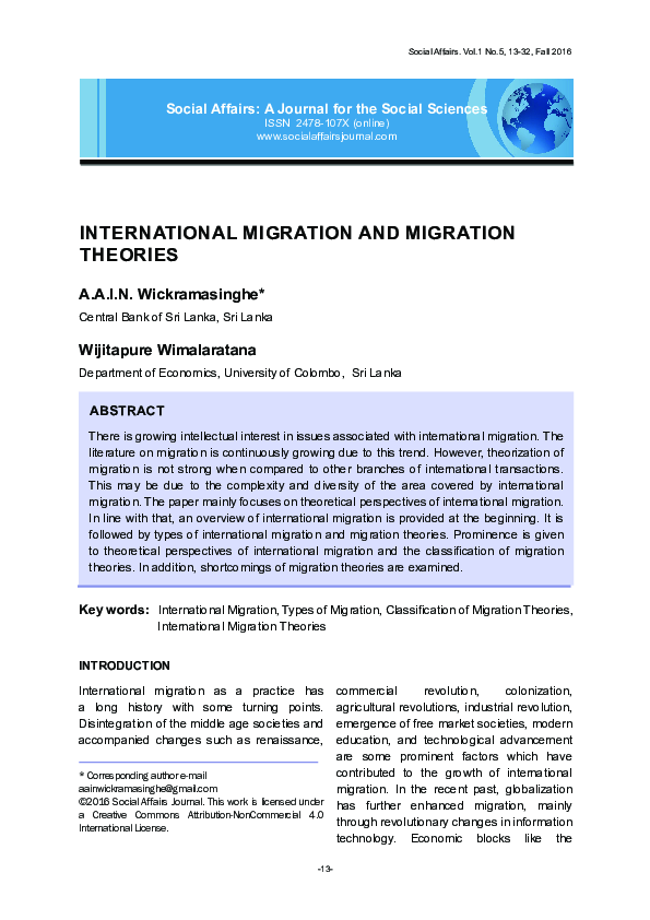 (PDF) International Migration and Migration Theories