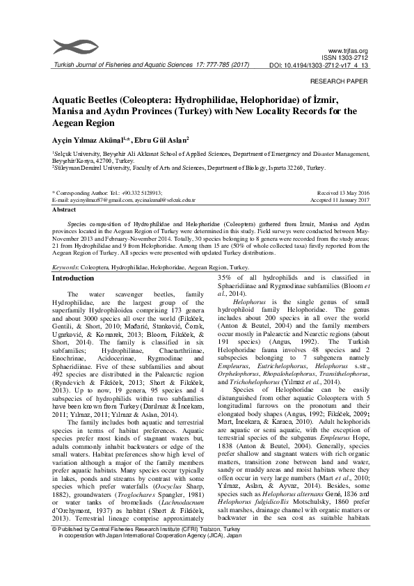 (PDF) Aquatic Beetles (Coleoptera: Hydrophilidae, Helophoridae) of ...