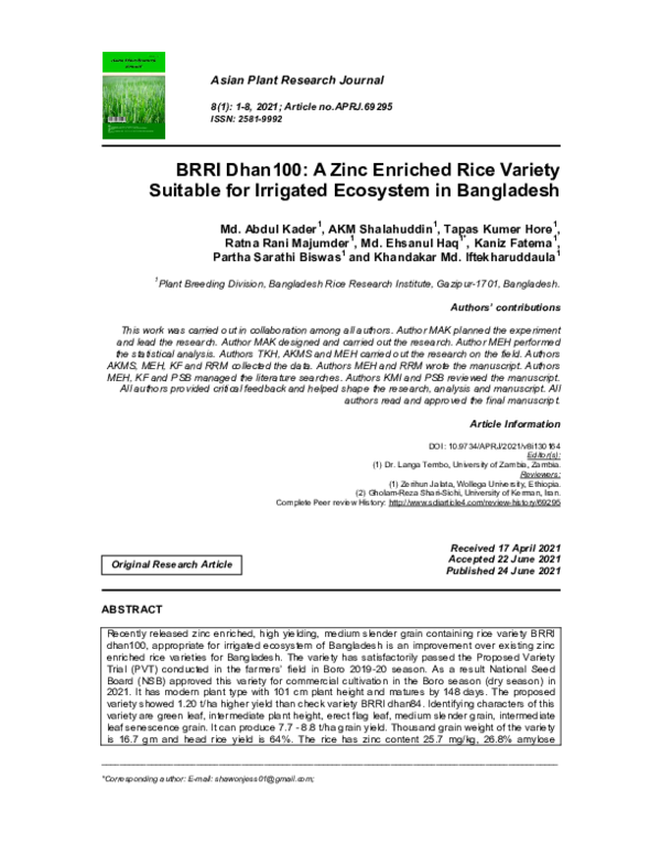 (PDF) BRRI Dhan100: A Zinc Enriched Rice Variety Suitable for Irrigated ...