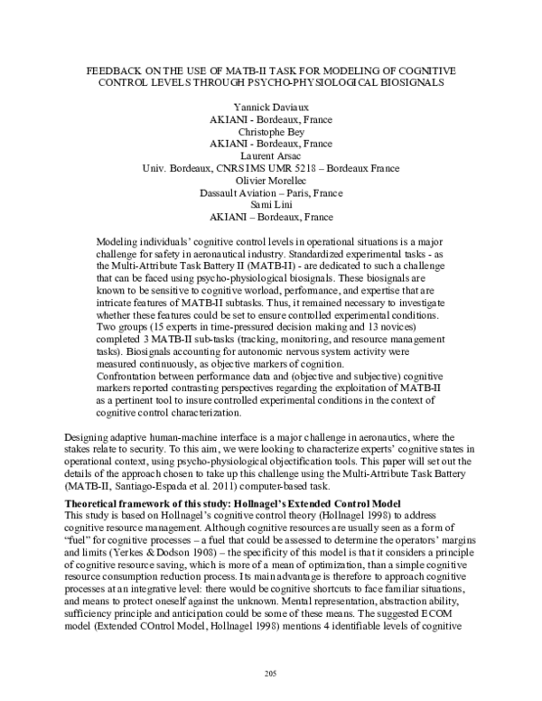 (PDF) Feedback on the Use of Matb-II Task for Modeling of Cognitive Control Levels Through ...