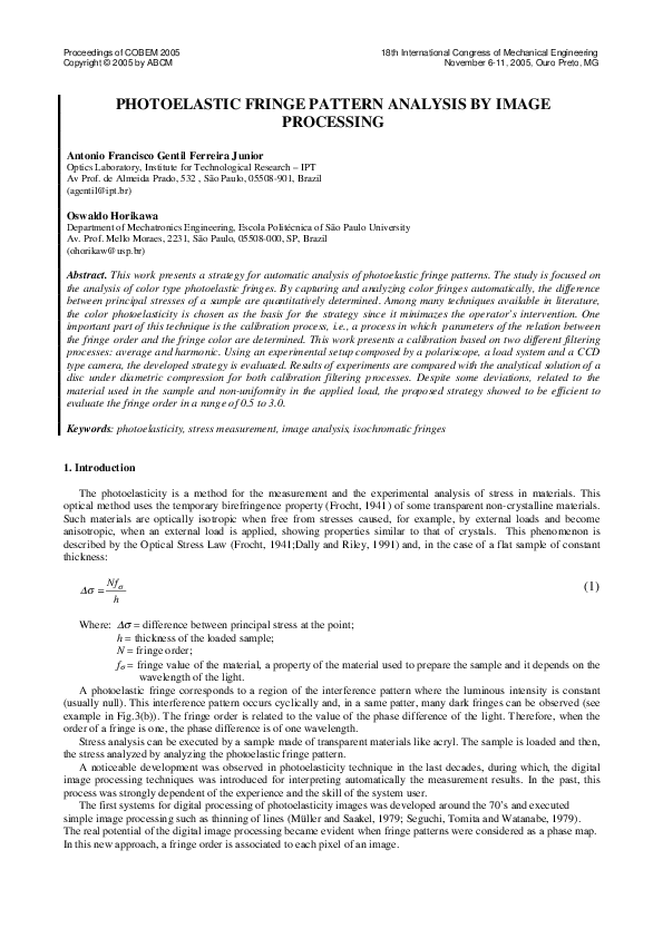 Pdf Photoelastic Fringe Pattern Analysis By Image Processing 