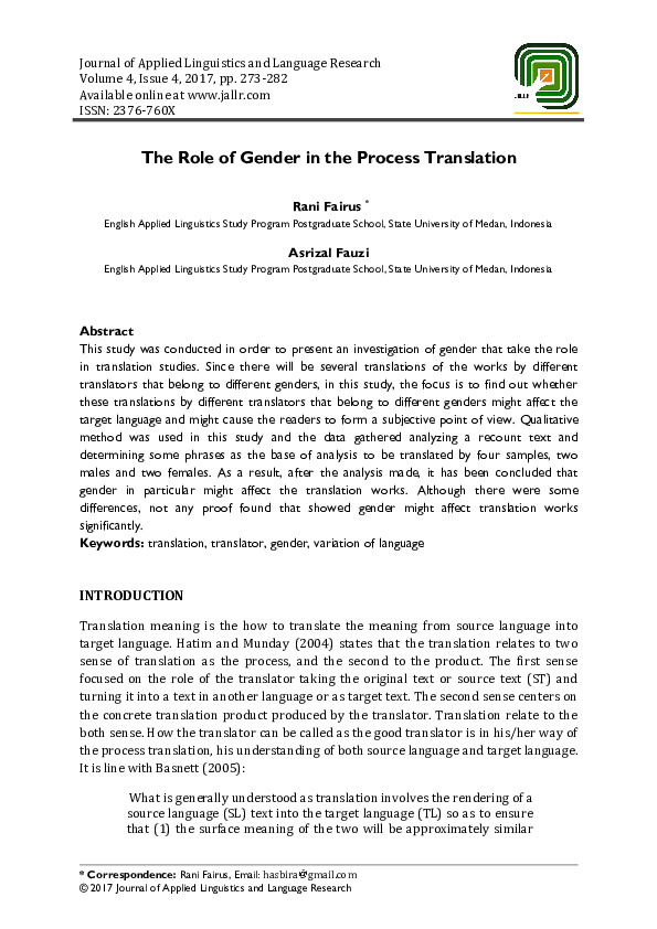 (PDF) The Role of Gender in the Process Translation | Asrizal Fauzi ...
