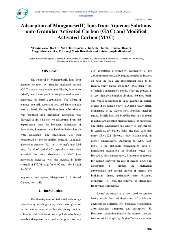 (PDF) Adsorption of Manganese ( II ) Ions from Aqueous Solutions onto ...