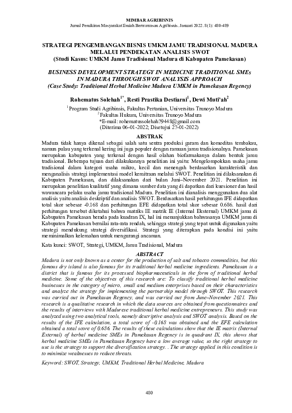(PDF) STRATEGI PENGEMBANGAN BISNIS UMKM JAMU TRADISIONAL MADURA MELALUI PENDEKATAN ANALISIS SWOT ...