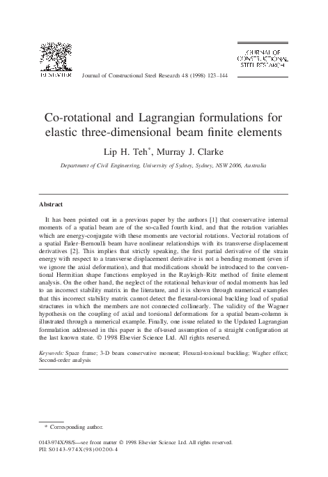 (PDF) Co-rotational and Lagrangian formulations for elastic three-dimensional beam finite elements