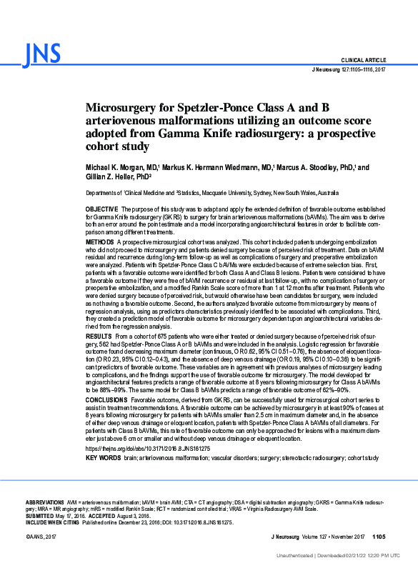 (PDF) Microsurgery for Spetzler-Ponce Class A and B arteriovenous ...