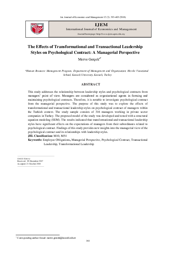 (PDF) The Effects of Transformational and Transactional Leadership Styles on Psychological ...