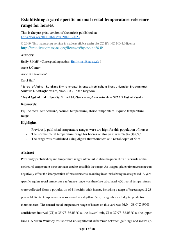 (PDF) Normal Rectal Temperature Range for Horses