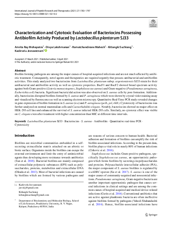 (PDF) Characterization and Cytotoxic Evaluation of Bacteriocins Possessing Antibiofilm Activity ...