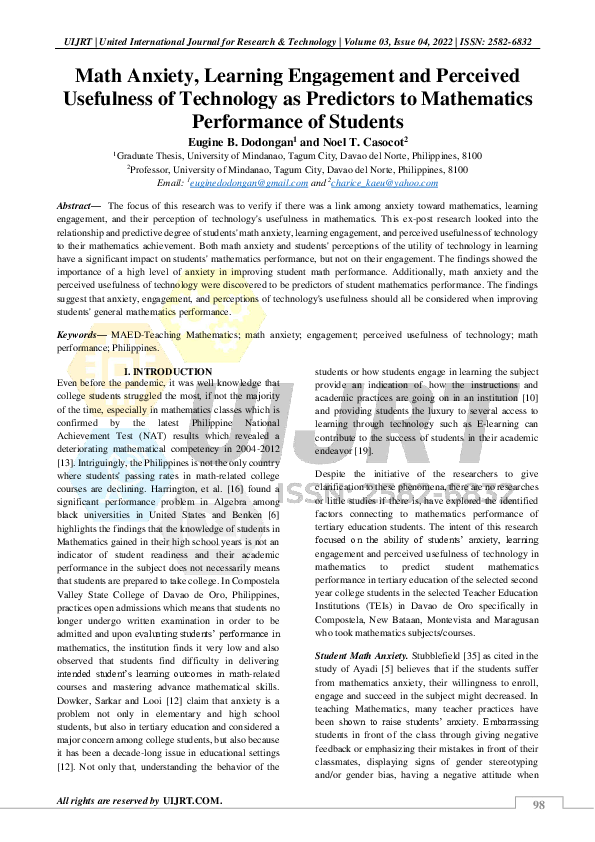 (PDF) Math Anxiety, Learning Engagement and Perceived Usefulness of ...