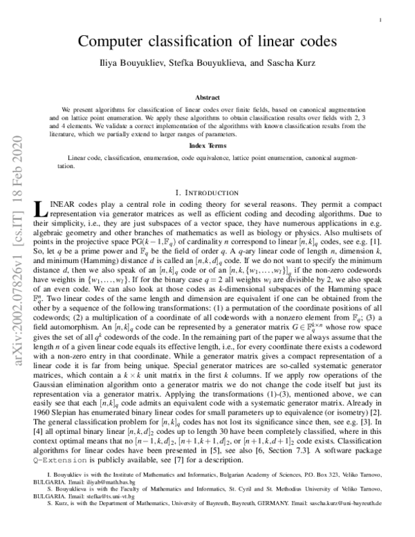 (PDF) Computer classification of linear codes