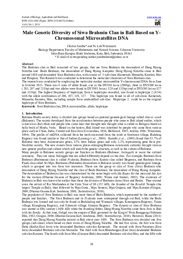 (PDF) Male Genetic Diversity of Siwa Brahmin Clan in Bali Based on Y ...