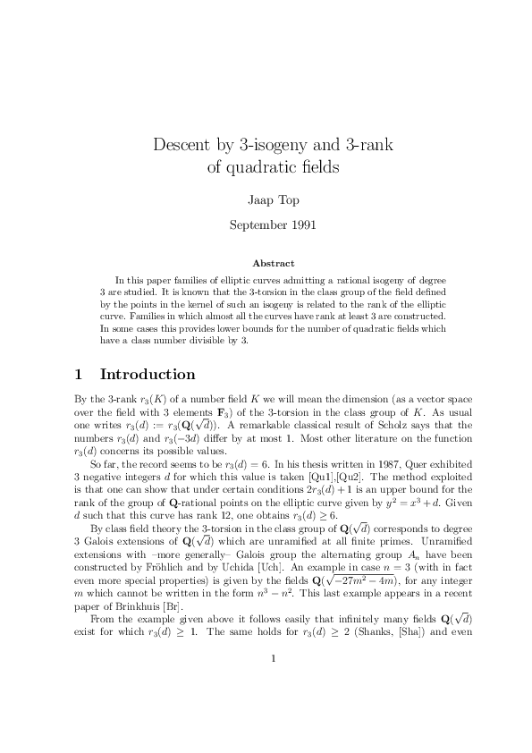 (PDF) Descent by 3-isogeny and 3-rank of quadratic fields