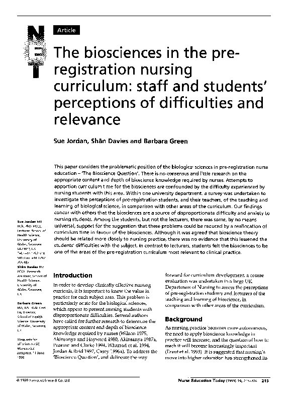 (PDF) The biosciences in the pre-registration nursing curriculum: staff ...