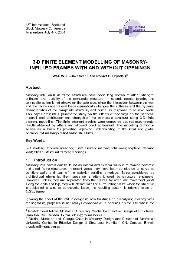 (PDF) 3-D Finite Element Modelling of Masonry-Infilled Frames with and Without Openings