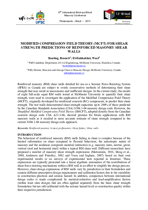 (PDF) Modified Compression Field Theory ( MCFT ) for Shear Strength ...