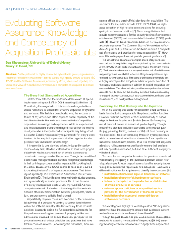 (PDF) Evaluating Software Assurance Knowledge and Competency of Acquisition Professionals