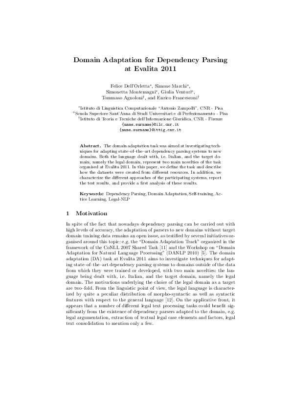 (PDF) E.: Domain Adaptation for Dependency Parsing at Evalita 2011