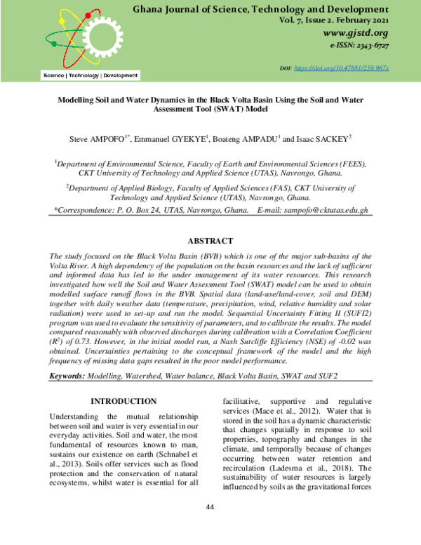 (PDF) Modelling Soil and Water Dynamics in the Black Volta Basin Using the Soil and Water ...