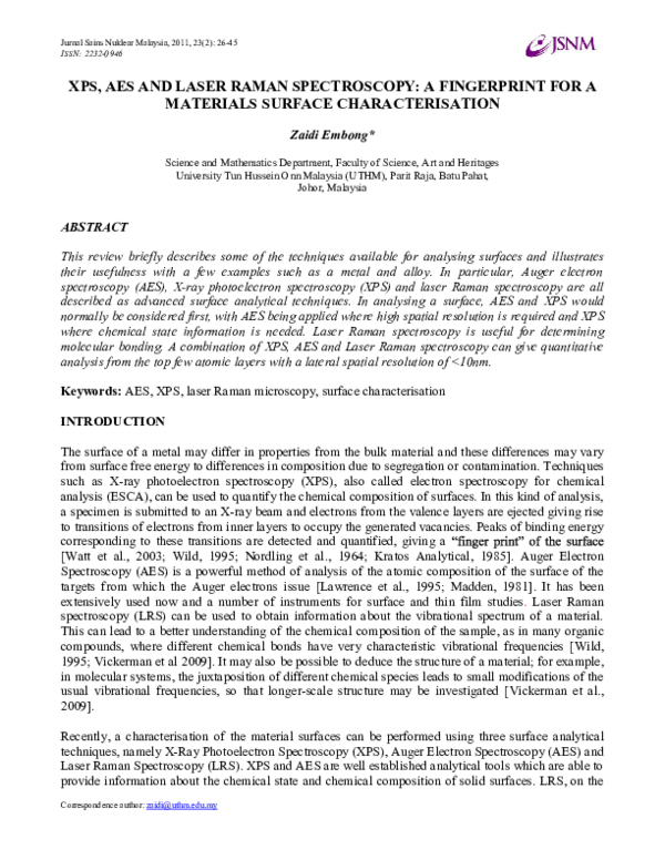 (PDF) XPS, AES and laser raman spectroscopy: A fingerprint for a materials surface characterisation