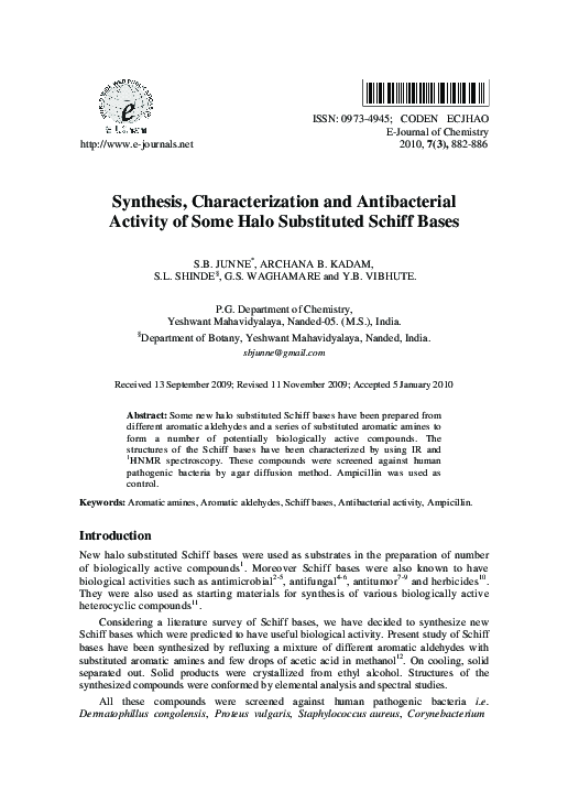 (PDF) Synthesis, Characterization and Antibacterial Activity of Some Halo Substituted Schiff Bases