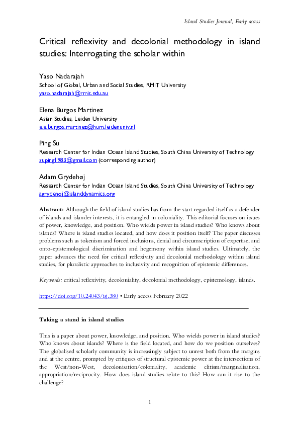 (PDF) Critical reflexivity and decolonial methodology in island studies ...
