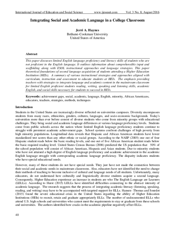 (PDF) Integrating Social and Academic Language in a College Classroom