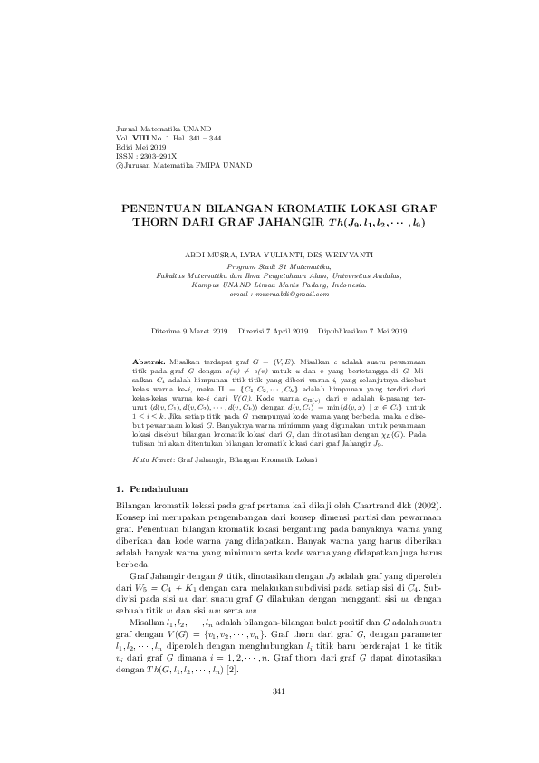 (PDF) PENENTUAN BILANGAN KROMATIK LOKASI GRAF THORN DARI GRAF JAHANGIR Th(J9(l1, l2,..., l9))