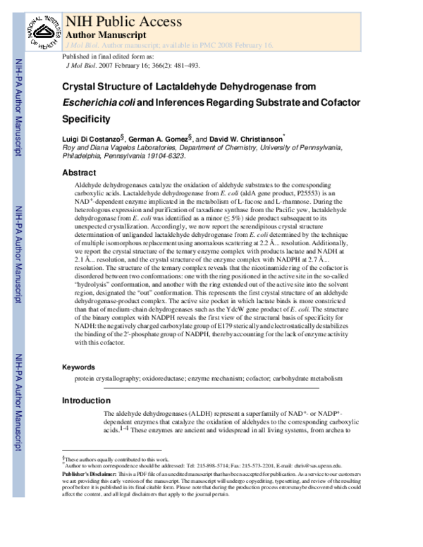 (PDF) Crystal Structure of Lactaldehyde Dehydrogenase from Escherichia ...