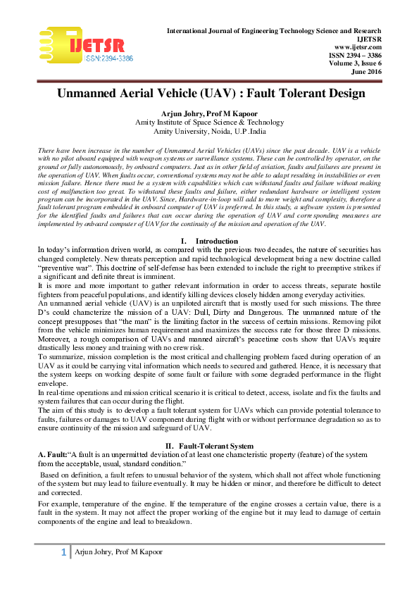 (PDF) Unmanned Aerial Vehicle ( UAV ) : Fault Tolerant Design
