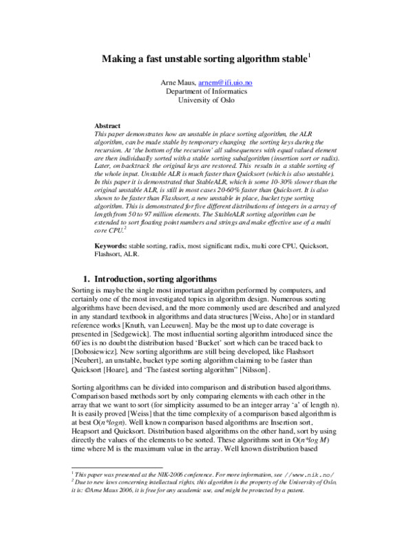 (PDF) Making a fast unstable sorting algorithm stable