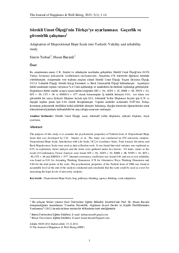 (PDF) Adaptation of Dispositional Hope Scale into Turkish: Validity and ...