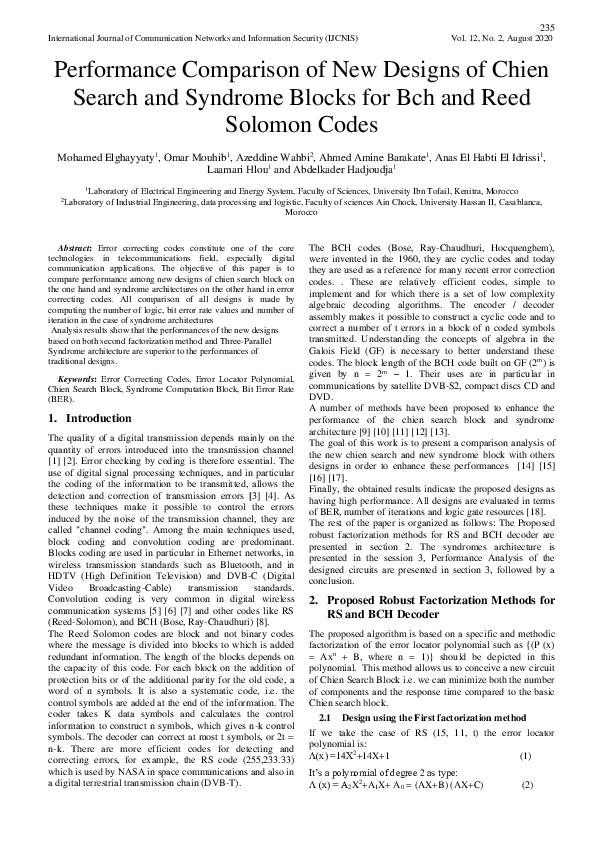 (PDF) Performance Comparison of new Designs of Chien Search and Syndrome Blocks for BCH and Reed ...