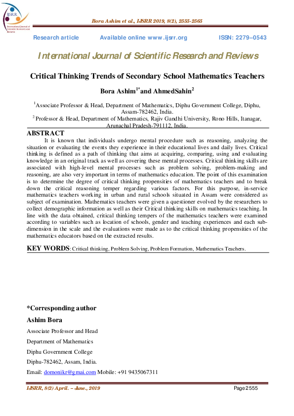(PDF) Critical Thinking Trends of Secondary School Mathematics Teachers