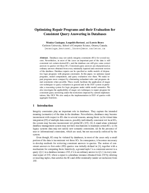 Pdf Optimizing Repair Programs And Their Evaluation For Consistent Query Answering In Databases 6474
