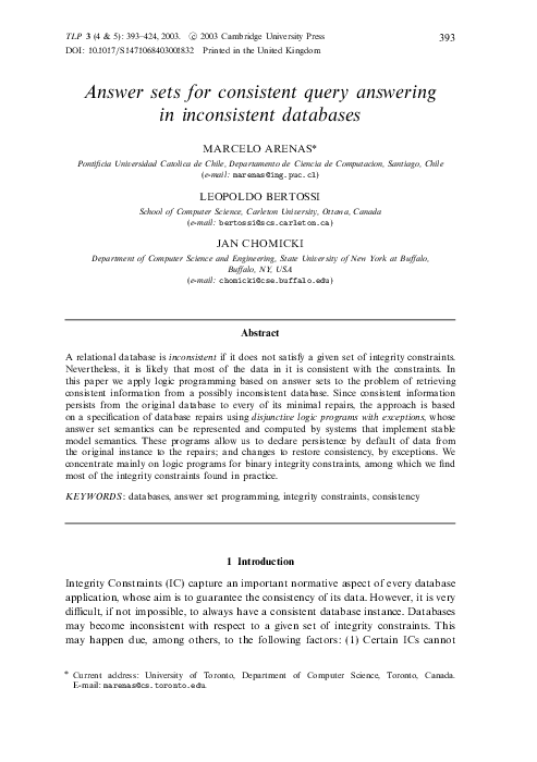 (PDF) Answer sets for consistent query answering in inconsistent databases | Leopoldo Bertossi ...