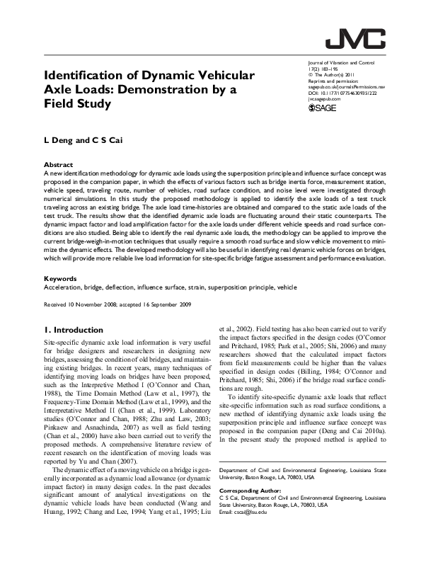 (PDF) Identification of Dynamic Vehicular Axle Loads: Demonstration by ...